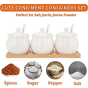Sugar Bowls Set, Kitchenexus Condiment Jars Pots Set with Lids and Spoons Ceramic Salt Pepper Box Container, Canister Seasoning Box with Bamboo Tray 8.8 ounce/260 ml White
