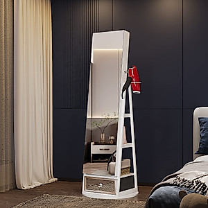 Dystler 360° Swivel Jewelry Cabinet with 6LED Lights, Rotatable Full Length Mirror with Jewelry Storage, Lockable Standing Jewelry Armoire Organizer, Foldable Makeup Shelf& Built-in Small Mirror,White