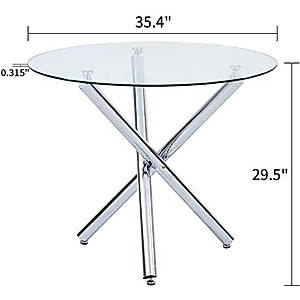 STYLIFING Dining Room Set Round Clear Glass Top Crisscrossing Chrome Metal Legs Kitchen Table and 4 Modern High Back Grey Faux Leather Chairs Home Kitchen Office Waiting Room Use