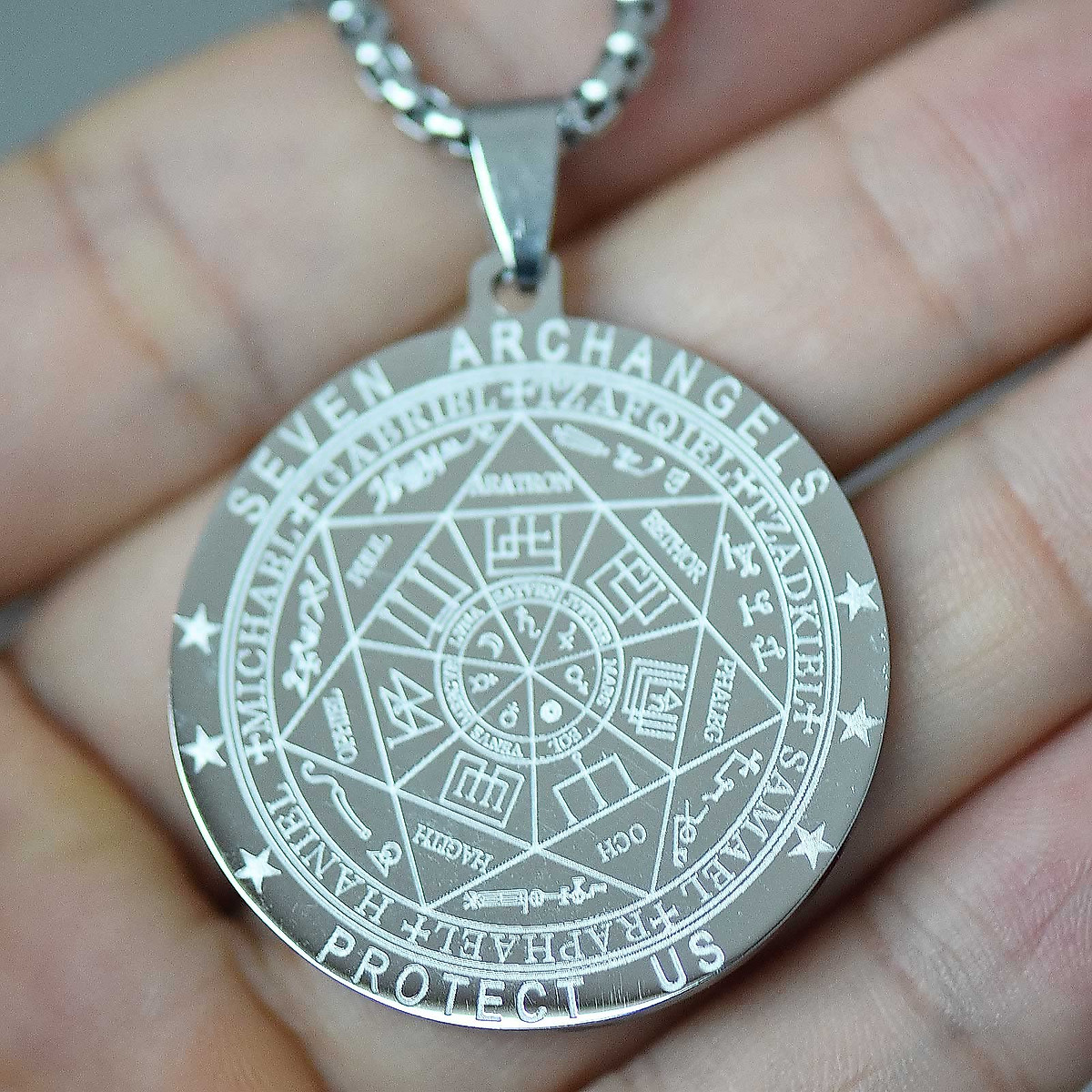 FLYUN Seal of The 7 Archangels Pendant Necklace for Men,Seven Archangels Protection Necklace for Men, Mens Spiritual Talisman Amulet Jewelry (A5-Steel)