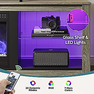 Bestier Fireplace TV Stand for 75 inch TV with 23 inch Electric Fireplace, 70 inch Entertainment Center with LED Light, Glass Shelves for Living Room, Wash Gray