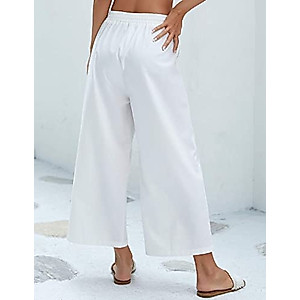 Zeagoo Women's Summer Cotton Linen Palazzo Pants Drawstring Waist Wide Leg Pocket Loose Casual Trousers White XL