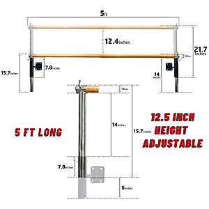 Artan Balance Ballet Barre Wall Mounted for Home or Studio Dance Training, Yoga, Stretching, and Pilates, Adjustable Bar Height, for Kids and Adults, Beginner Friendly, 5 FT Long