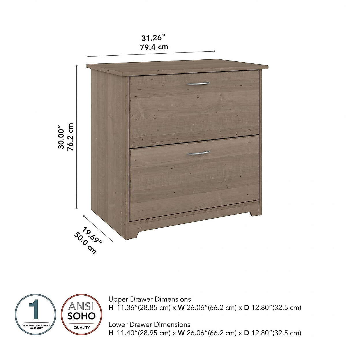 Bush WC31280 Cabot 2-Drawer Lateral File Cabinet, Letter/Legal, Ash Gray, 31-Inch