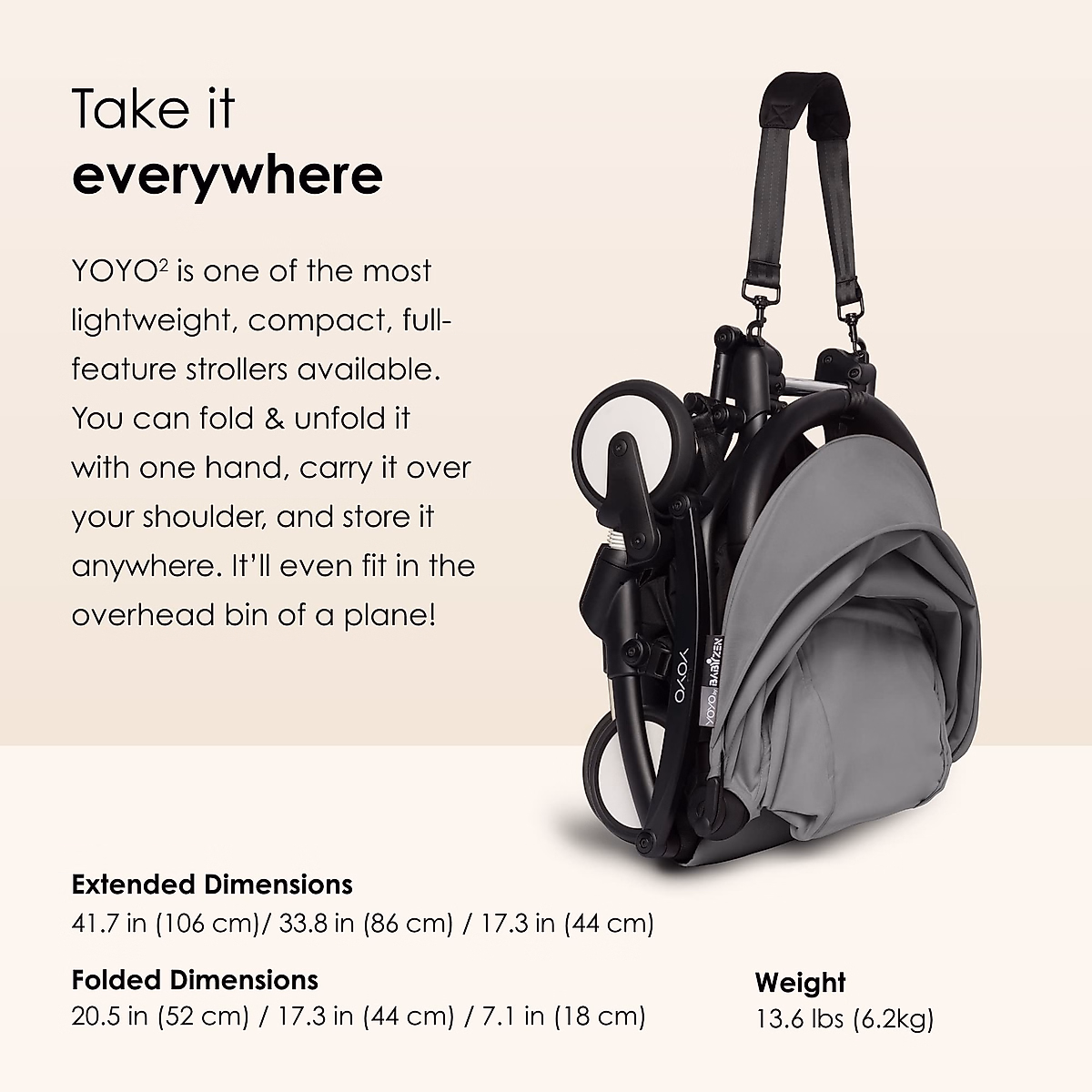 BABYZEN YOYO2 Stroller + YOYO Bag - Includes Black Frame, Grey Seat Cushion, Grey Canopy, Grey YOYO Bag, Wheel Base & Hooks - Suitable for Children Up to 48.5 Lbs