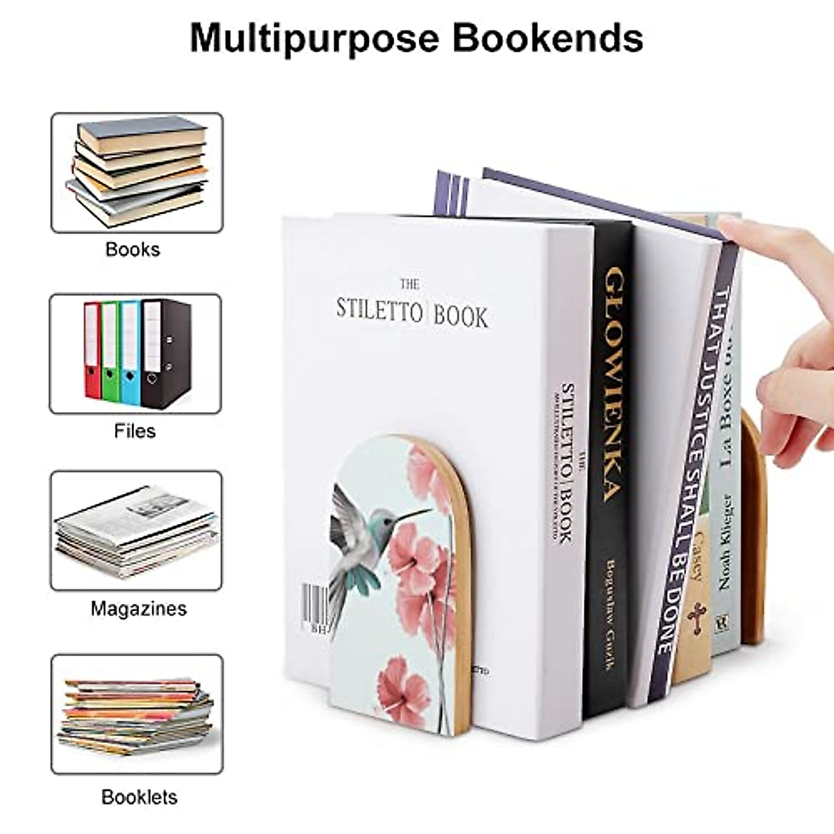 Wooden Book Ends 2 Pieces,Hummingbird with Hibiscus Decorative Bookshelf Sturdy Book Holders for Home Office School Book Organizers 5x3.1x3.9 inches