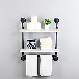 Industrial Pipe Bathroom Shelves 2-Tier Wall Mounted,24" Rustic Wall Shelf with Bath Towel Bars,Farmhouse Towel Rack,Metal & Wooden Floating Shelves,Over The Toilet Storage Shelf,White & Black
