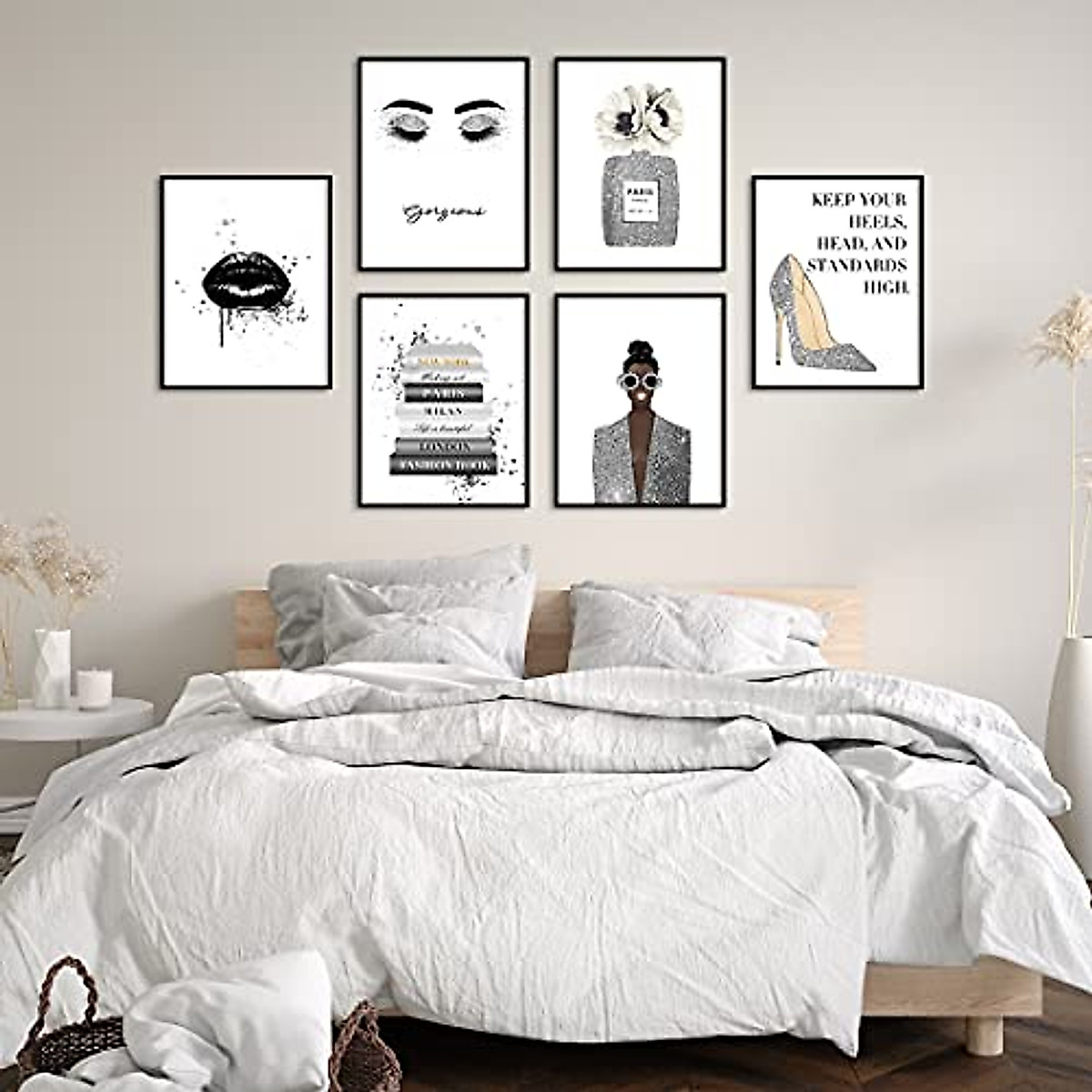 Glam Gray Fashion Wall Decor Girls Room Decor Wall Art Silver Perfume Book High Heels Posters Prints Bedroom Decor for Women (8x10 in Unframed)