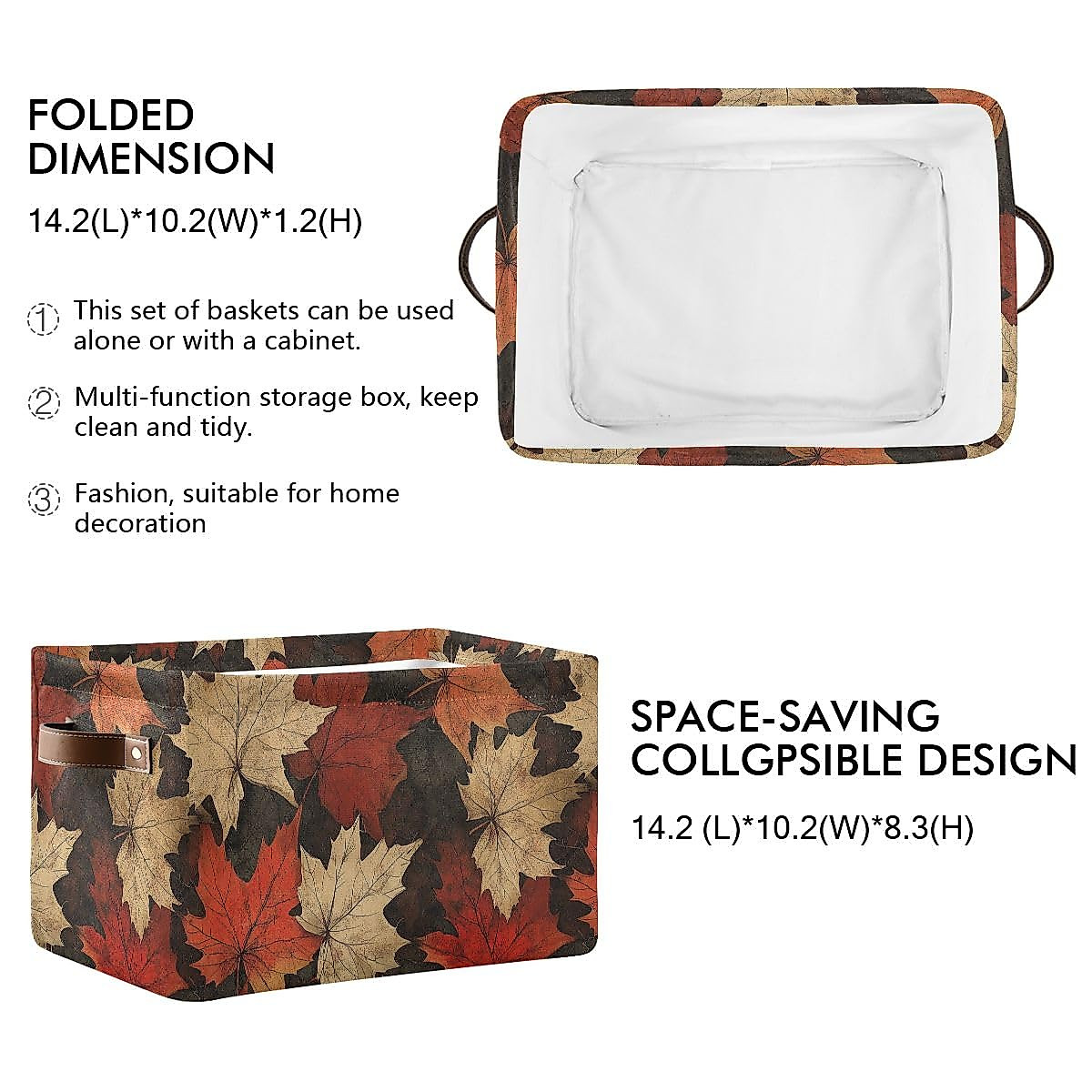 Maple Leaf Storage Basket,Vintage Fall Autumn Large Storage Bin Fabric Collapsible Organizer Bag with Handles 15x11x9.5 inch