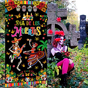 HOWAF Dia De Los Muertos Door Cover, Day of the Dead Party Decoration Door Banner, Sugar Skull Marigold Flower Welcome Banner for Halloween Mexican Fiesta Dia De Los Muertos Party Supplies