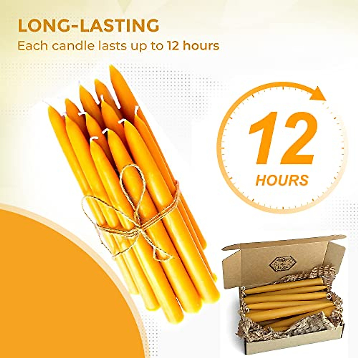 BeeTheLight Beeswax Taper Candles (Pack of 12) - Dipped Style Smokeless Unscented Candles - 12 Hours Burn Time Each - All Natural 100% Pure Beeswax Candle - Handmade Decorative Taper Candle Set