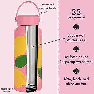Kate Spade New York Extra Large Insulated Water Bottle, 33 Ounce Stainless Steel Water Bottle with Handle, Pink Double Wall Metal Tumbler with Lid, Lemon Toss
