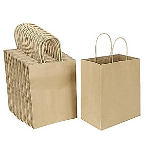 Oikss 100 Pack 8x4.75x10 inch Medium Plain Natural Paper Bags with Handles Bulk, Kraft Bags for Birthday Party Favors Grocery Retail Shopping Business Goody Craft Gift Bags Sacks (Brown 100 PCS Count)