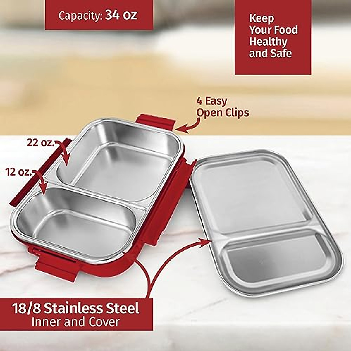 Signoraware Stainless Steel Bento Box Adult Lunch Box For Men, Women, Kids Bento Lunch Box Leak Proof Between 2 Compartments Meal Prep Containers Lunch Containers For Adults And Kids School Red