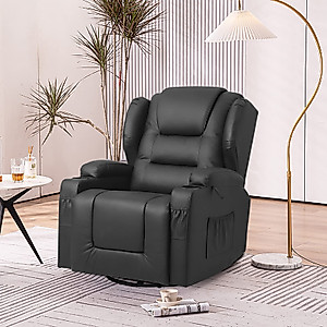 BINGTOO Swivel Rocker Recliner Chairs Rocking Chair Nursery Glider Rocker Manual Recliner Swivel Chairs for Living Room with Side Pockets, Cup Holder and Lumbar Pillow, Faux Leather…
