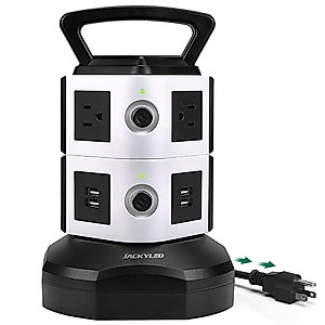 JACKYLED Power Strip Tower Surge Protector, Widely 6 AC Outlets 6.5ft Extension Cord with 4 USB Ports, 3000W 13A Desktop Charging Station, UL Test, ETL Listed Black White