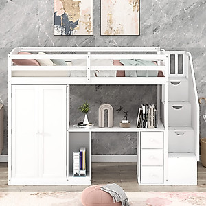 BOVZA Twin Size Loft Bed with Stairs and Wardrobe, Wooden Twin Loft Bed Frame with Desk and Storage Drawers and Cabinet in 1 for Kids Girls Boys Teens, White