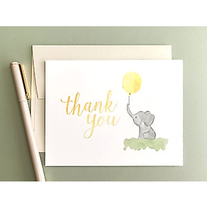 Palmer Street Press Baby Shower Thank You Cards (Set of 10 Cards + Envelopes) - Watercolor Elephant & Balloon (Yellow)