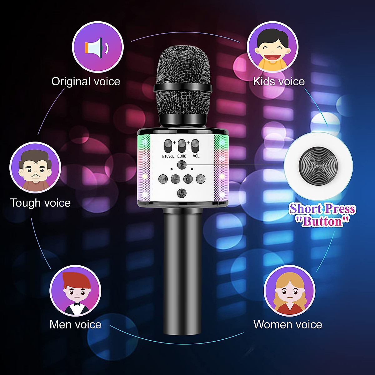 Anitiate Toy Microphone for Kids, Handheld Wireless Bluetooth Microphone for Adults with LED Lights Portable Karaoke Mic Speaker Player Recorder Machine for Birthday Home Party (Black)