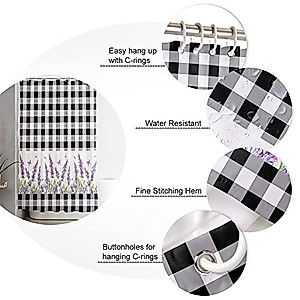 YESOF66 4PCS Bathroom Mat Sets,Purple Lavender with Black White Buffalo Plaid Bathroom Decor Shower Curtain Bath Mat Non-Slip Toilet Seat Cover Bathroom Mat 72x72in&Large Rugs