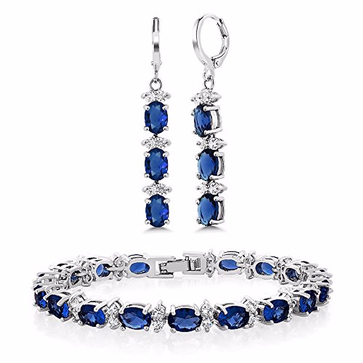 Gem Stone King 7 Inch Blue and White CZ Tennis Bracelet Set With Matching 2 Inch Oval Dangle Earrings For Women