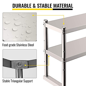 VEVOR Double Overshelf, Double Tier Stainless Steel Overshelf, 60 in. Length x 12 in. Width Double Deck Overshelf, Height Adjustable Overshelf for Prep & Work Table in Kitchen, Restaurant and Workshop