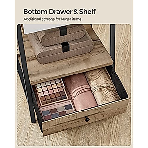 SONGMICS LED Mirror Jewelry Cabinet Standing, Lockable Jewelry Armoire with Full-Length Mirror, Space-Saving Jewelry Organizer with Mirror, Drawer and Shelf, Toasted Oak Color UJJC025N01