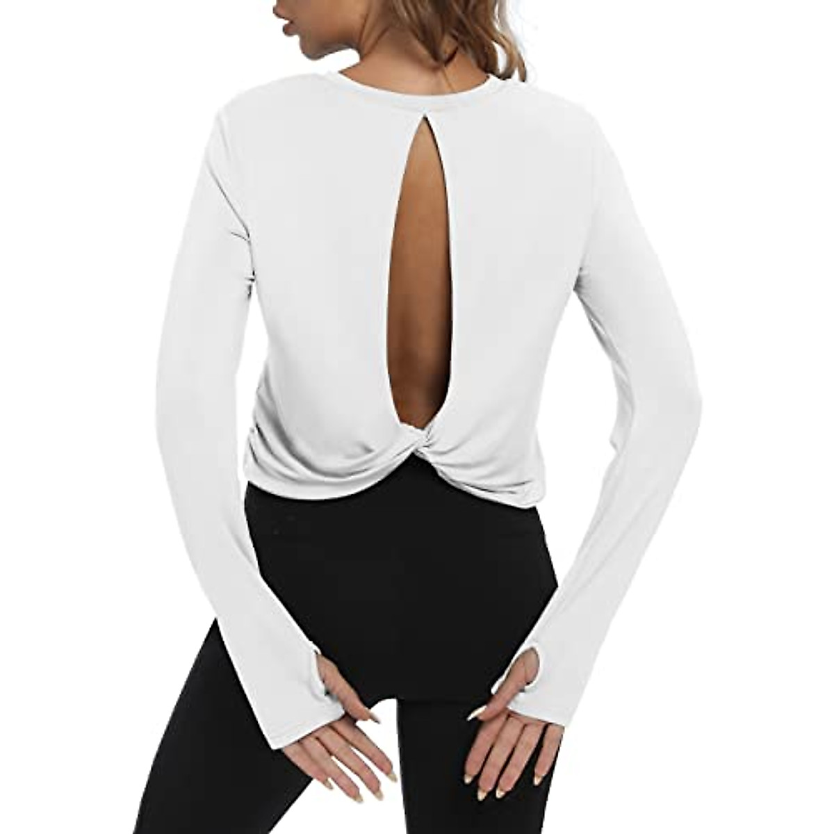 Bestisun Women Open Back Crop Tops Long Sleeve Workout Athletic Gym Cropped Dance Shirt Active Wear Yoga Tops Athletic Hiking Sport Clothes White L