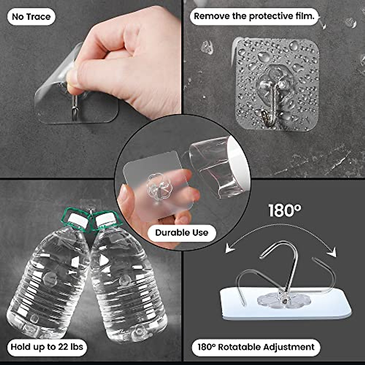 OFIYE Wall Hooks - 22lb(Max) Heavy Duty Adhesive Hooks for Hanging, Waterproof and Rustproof, Transparent Design, Bathroom Kitchen Hooks (10 Pack)