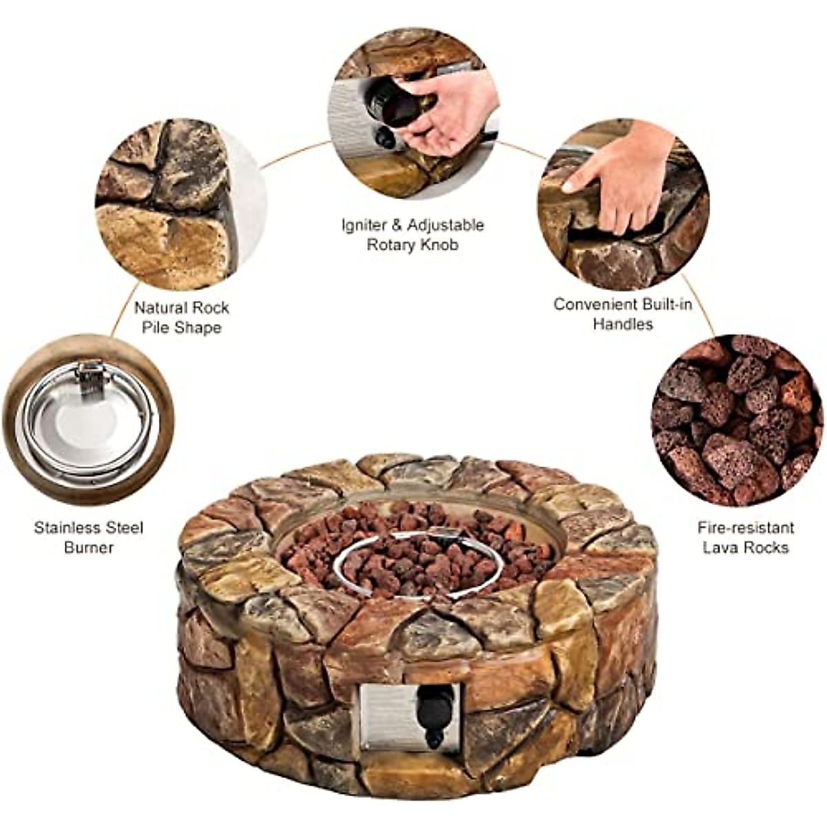 Renatone 40,000 BTU Propane Gas Fire Pit, 28 Inch Round Stone Fire Pit with PVC Cover, Lava Rock, 10ft Gas Pipe, ETL Certified, Stainless-Steel Gas Burner for Patio Garden Backyard Deck (Brown)