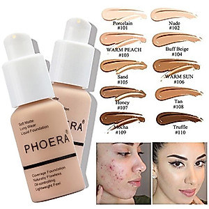 PHOERA Foundation Full Coverage Makeup, Mushroom Head Air Cushion CC Cream Natural Foundation Set,PHOERA Concealer, PHOERA Primer, PHOERA Powder, Foundation Brushes (102 Nued +02 Natural CC)