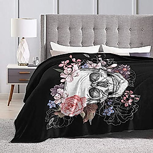Pink Rose and Skull Throw Blanket Plush Flannel Bed Sofa Couch Office Home Women Men Soft Warm Lightweight 50 x 60 inches