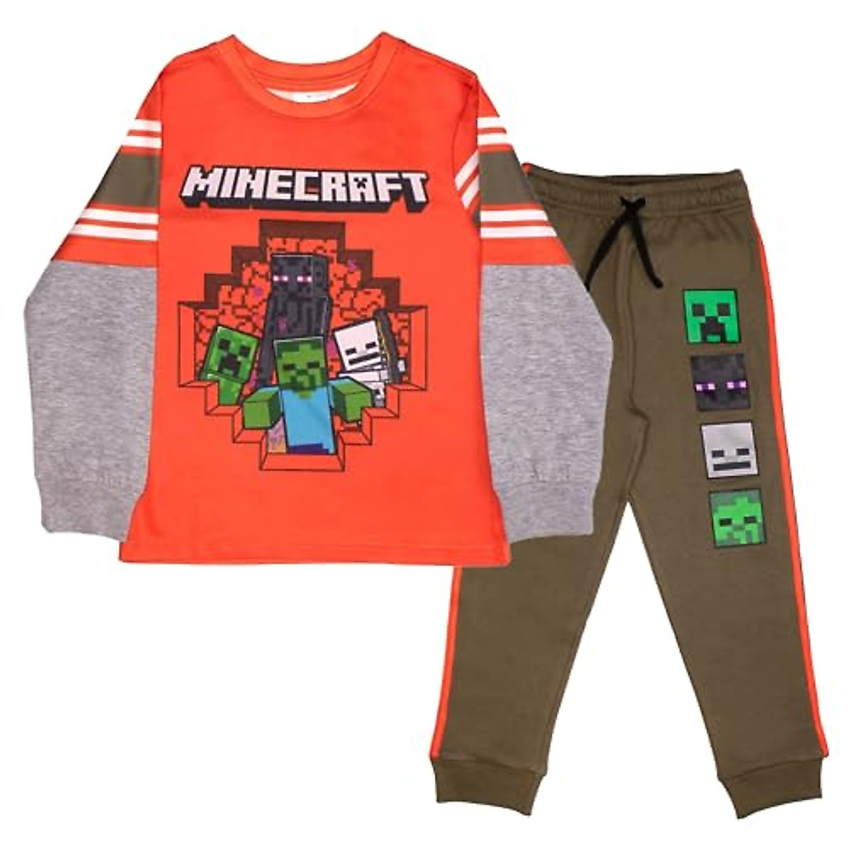 Minecraft Video Game 2-Piece Set, Boys Long Sleeve Active Mesh T-Shirt & Pants 2-Pack Bundle Set (Size 7, Orange)