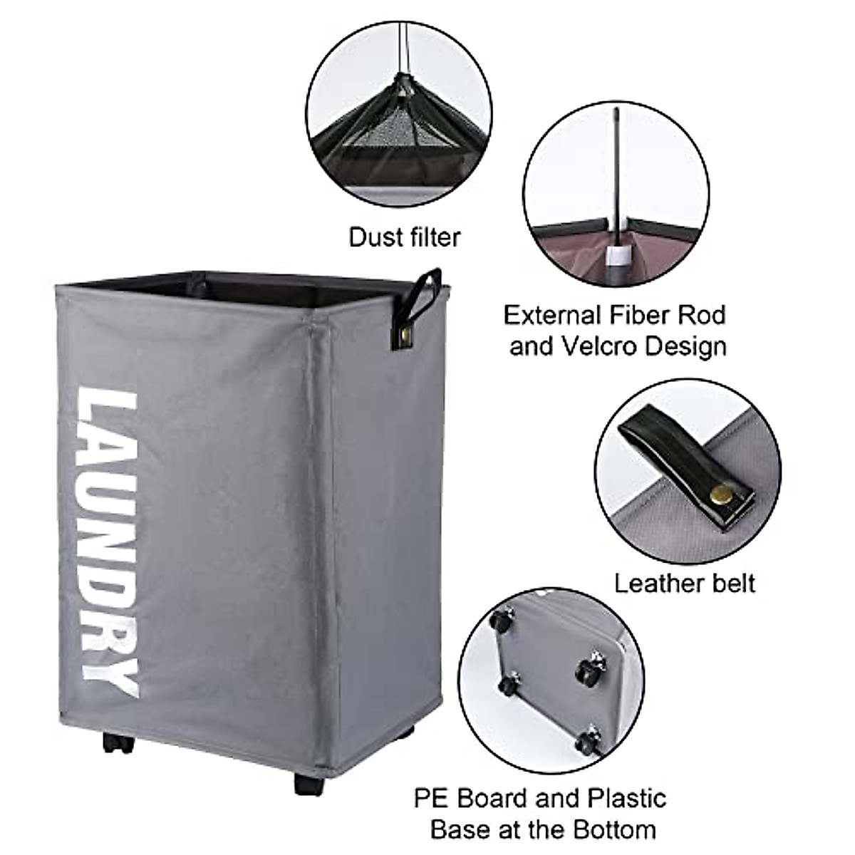 VENUSDALI Large Laundry Hamper,with Wheels Oxford Fabric Leather Handle,water Proof Folding Washing Bin,for Bedroom, Laundry Room, Closet, Bathroom, College, Dark Grey (Gray)