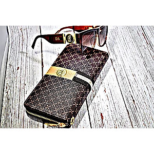 TIME WARRIOR Women's Wallet DA RFID Blocking Leather Zip Around Designer Wallets Large Phone Holder Clutch Travel Purse Wristlet Women Wallets (Brown & Gold)