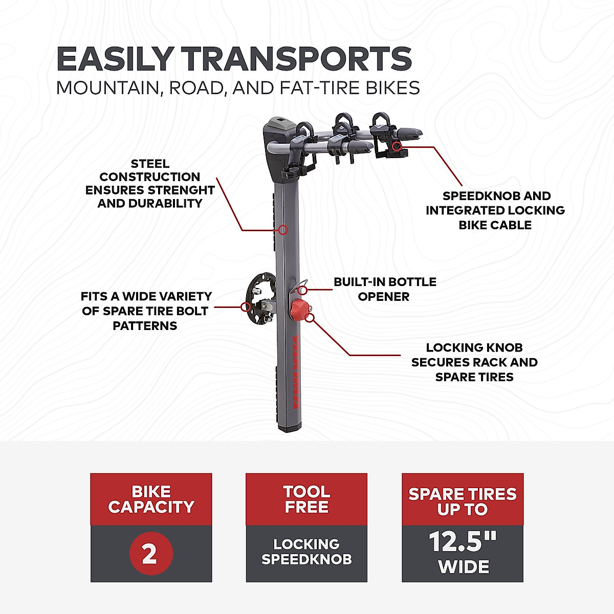 YAKIMA - SpareRide, Bicycle Rack, Turns Your Rear Mounted Spare Tire Into A Rack, 2 Bike Capacity