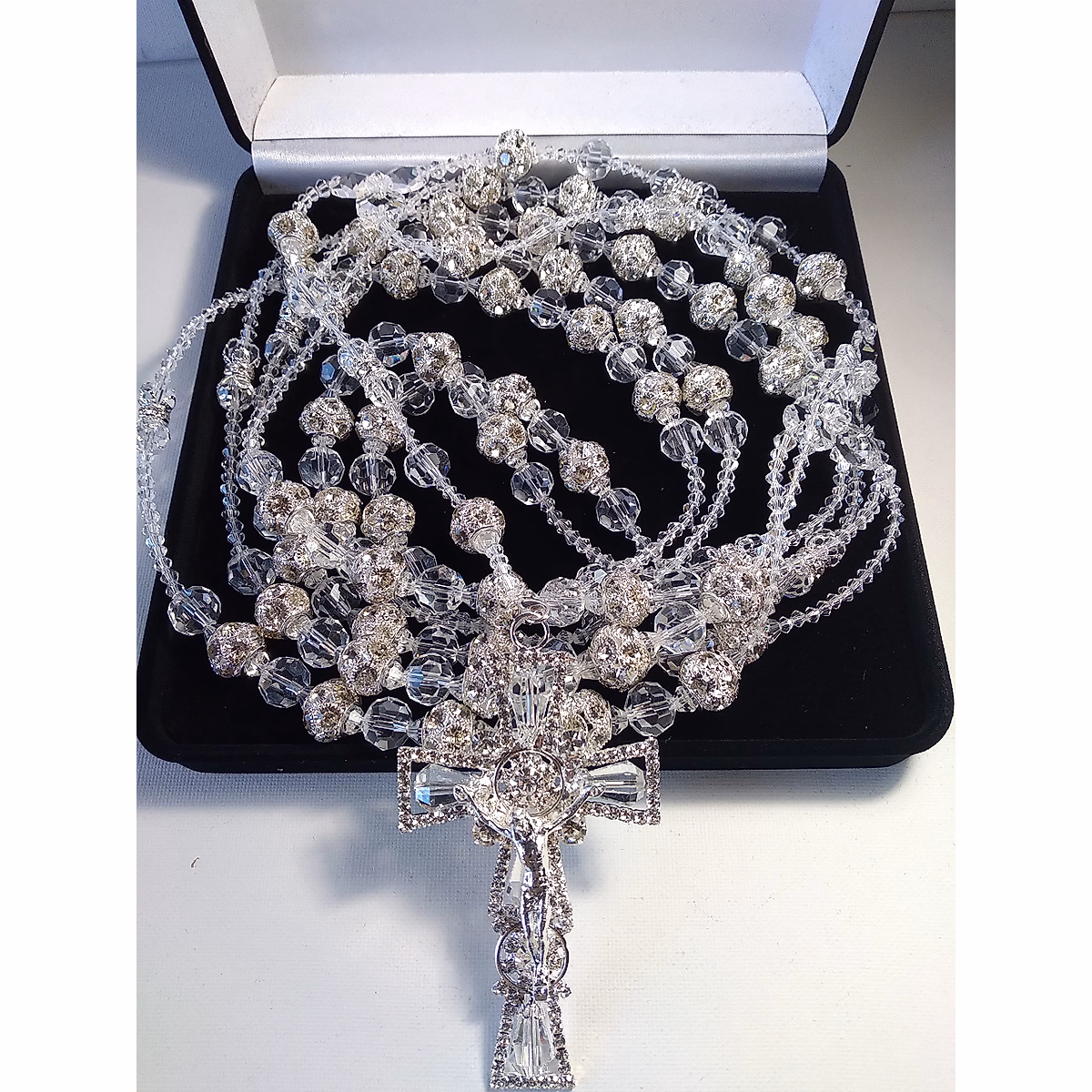 Wedding Lasso/Lasso para boda de Cristal fino Combinado con bola de rhigestone de 16 mm con Cristal Lasso Color Plata sin imagenes y Cruz catolica.