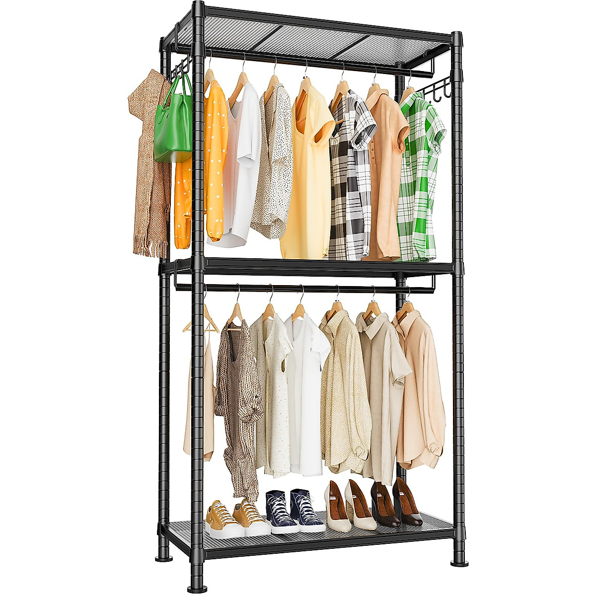 Clussbin Garment Rack Hanging Clothes Heavy Duty Clothes Rack, 3 Tiers Adjustable Wire Shelving Metal Clothing Racks with Double Rods and Side Hooks, Free Standing Wardrobe Closet for Bedroom, Black