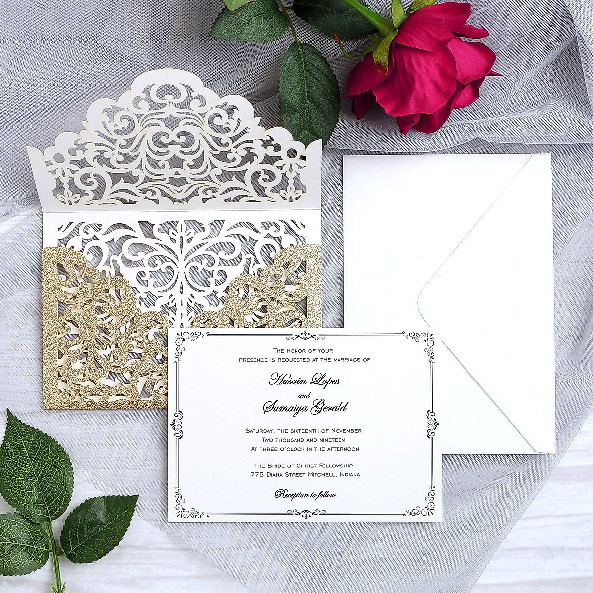 YIMIL 20 Pcs Laser Cut Wedding Invitation Cards with Envelopes for Wedding Quinceañera Birthday Engagement Bridal Shower Graduation Party (Gold Glittler)
