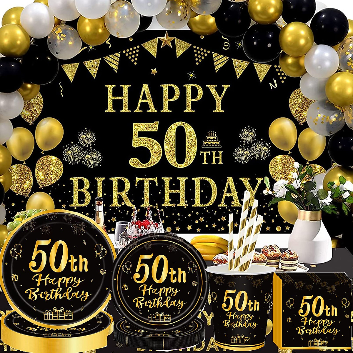 50th Birthday Party Supplies, 50th Birthday Party Tableware Include 50th Birthday Party Plates, Napkins, Cups Straws for Men and Women 50th Birthday Party Decorations Serves 16 Guests