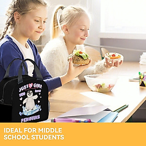 PAKKITOP Penguin Lunch Bag for Kids, Small Lunch Bags Insulated, Cute Reusable Lunchbox for Teen Girls Boys, Black Portable Lunchbags for School Travel Picnic, Freezable and Foldable