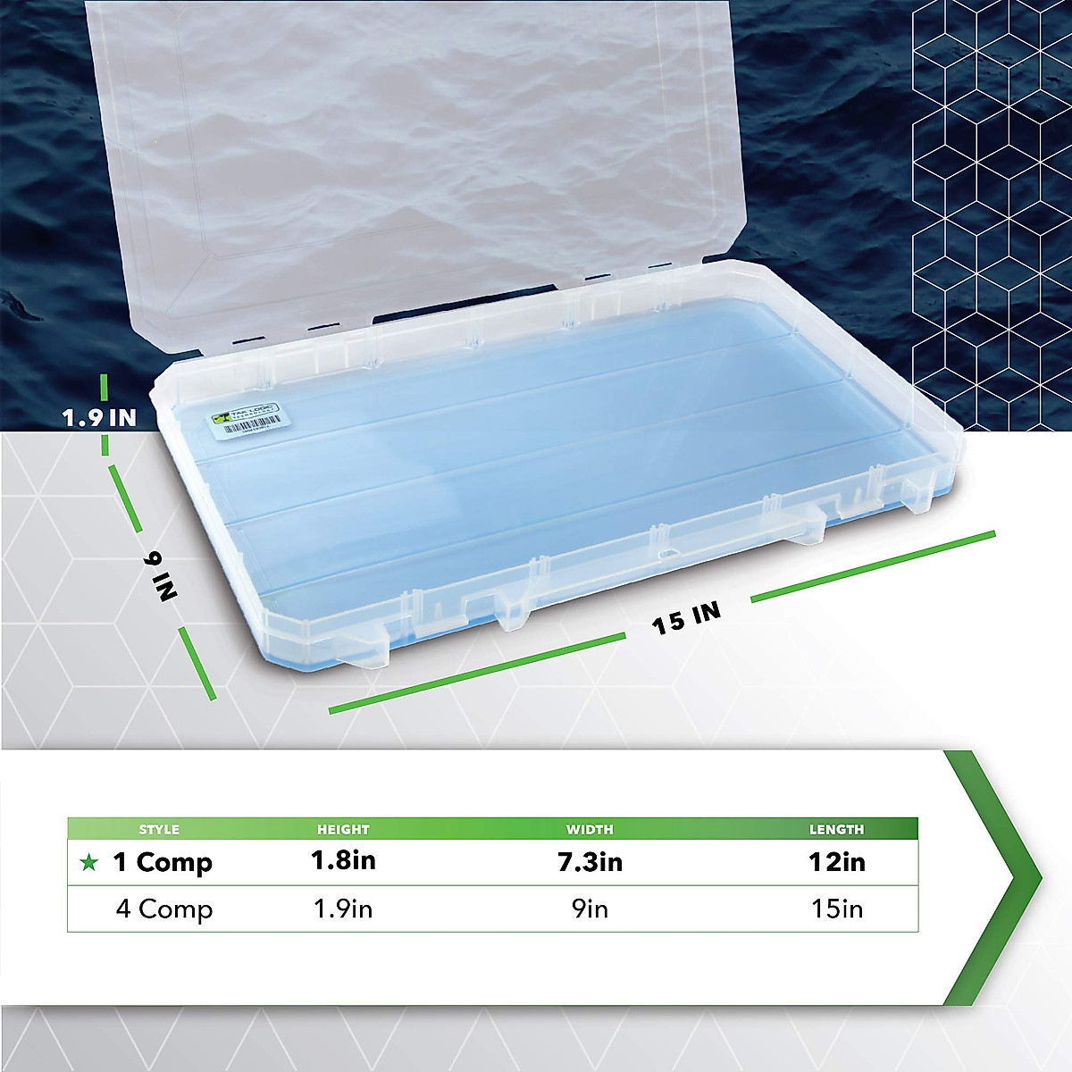 Lure Lock LL1T-1101 Large Thin Box - 1Cavity w/Ocean Blue Tak Logic Liner, Clear w/Green Accent