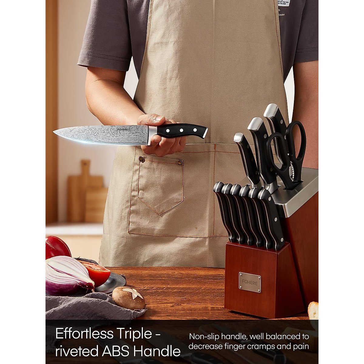 Knife Block Set, FOHERE 14 Pieces Razor-Sharp Self Sharpening Knife Set, High Carbon Stainless Steel Waved Pattern Knife Set with Block, Rust & Stain Resistant Kitchen Knives and Triple Riveted Handle