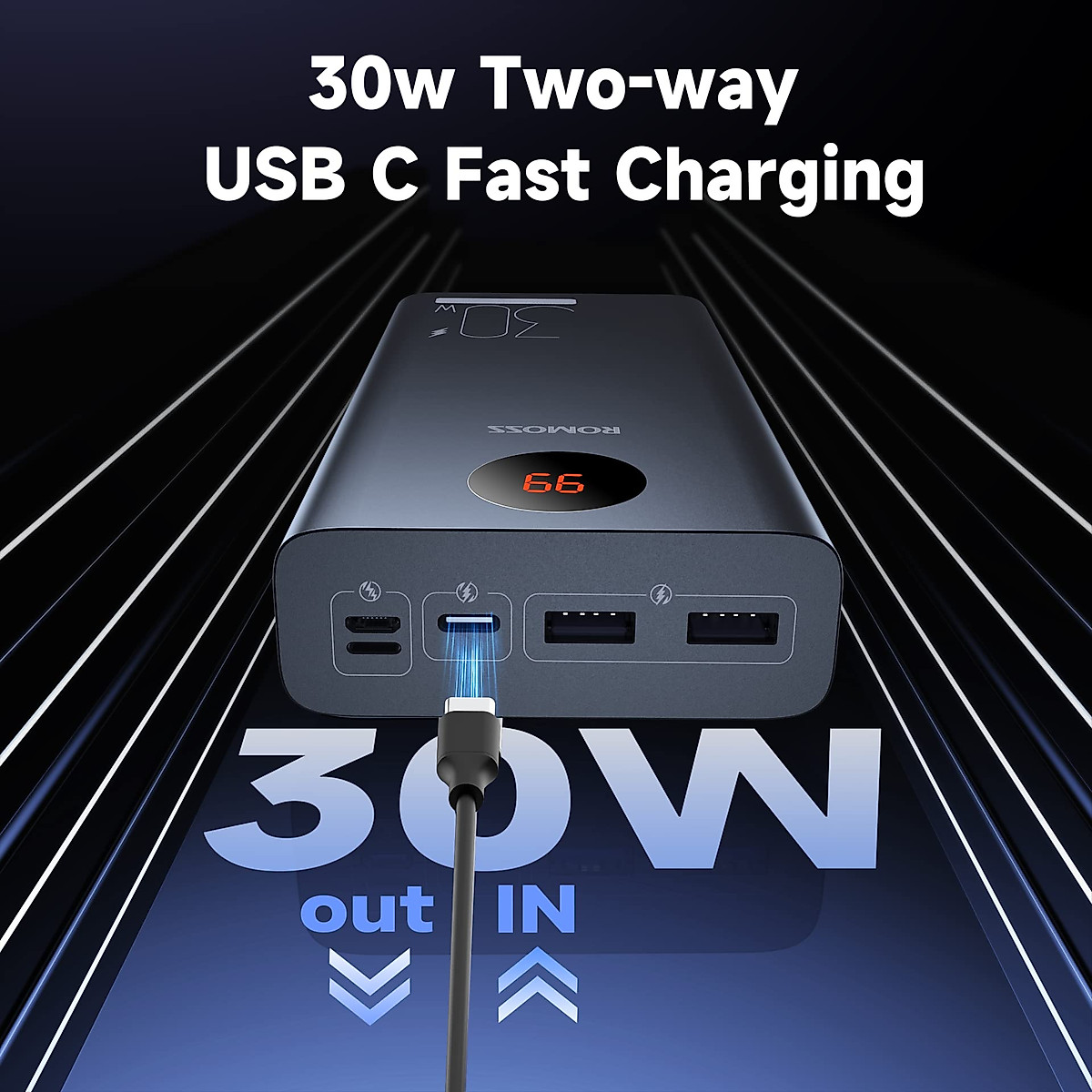 ROMOSS 30000mAh Power Bank PEA30, PD 30W USB C Two-Way Fast Charging Portable Charger External Battery Pack with 3 Outputs& 3 Inputs for iPhone14/13/12, Tablet, MacBook Air, Surface Pro7, and More