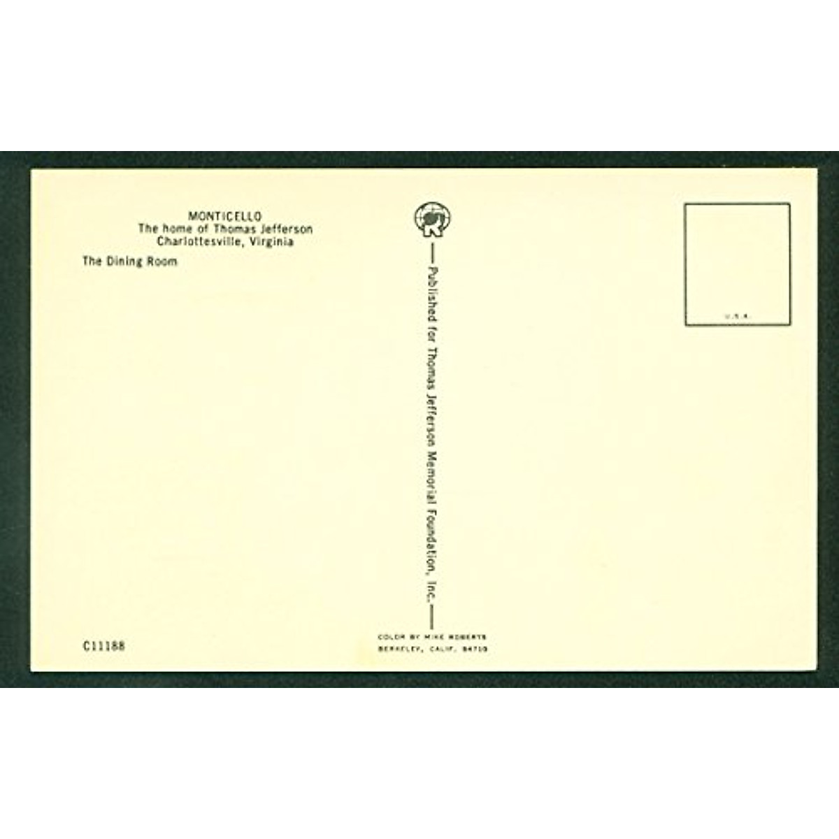 Monticello Dining Room President Thomas Jefferson Charlottesville Virginia VA Postcard