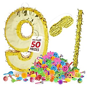 Gold Foil Number Pinata for Birthday Party for Girls & Boys with Gold Blindfold and Stick, Prefilled with Assorted Party Favors 50 Pcs, Birthday Party Decorations (9)