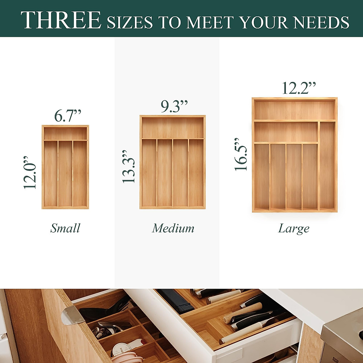 Small Silverware Organizer, Bamboo Kitchen Drawer Organizer, Utensil Holder, Cutlery Tray & Spoon Flatware Storage with Grooved Drawer Dividers