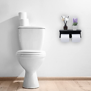 SCDGRW Matte Black Toilet Paper Holder with Shelf, 304 Stainless Steel Toilet Paper Holder Wall Mounted, Double Roll Tissue Holder Dispenser Bathroom Toilet Paper Holder