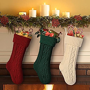 Bellivera Christmas Stockings 3 Pack Large Size Cable Knitted Xmas Stockings 18 inch Personalized Heart Red & White & Green Hanging Stockings Set for Christmas Decorations
