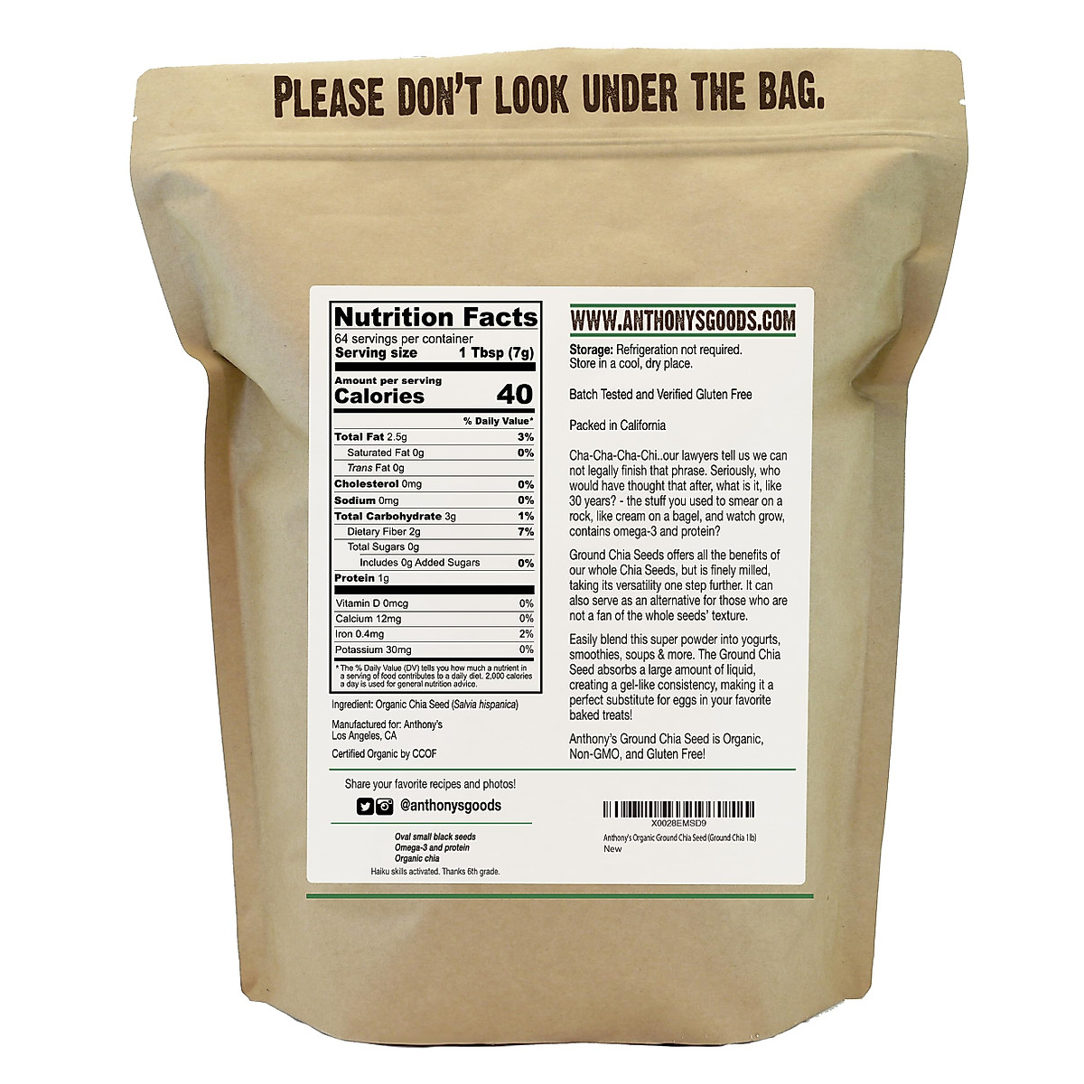 Anthony's Organic Ground Chia Seed, 1 lb, Finely Ground, Cold Milled, Gluten Free, Non GMO